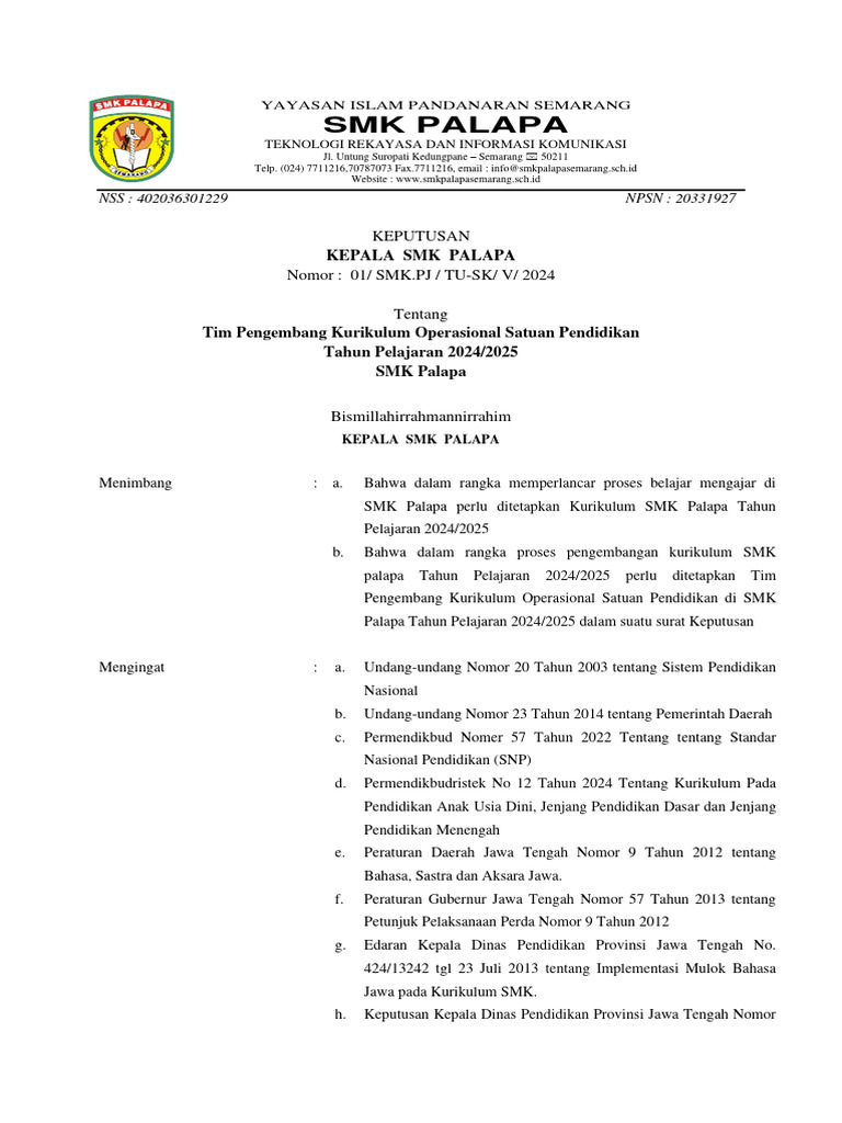 SK Tim Pengembang Kurikulum 2024 | PDF