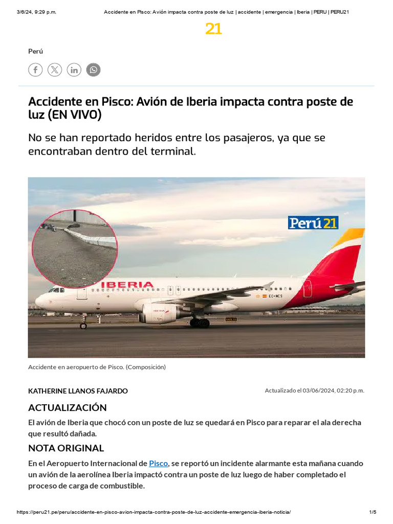 Accidente en Pisco_ Avión impacta contra poste de luz _ accidente _ emergencia _ Iberia _ PERU ...