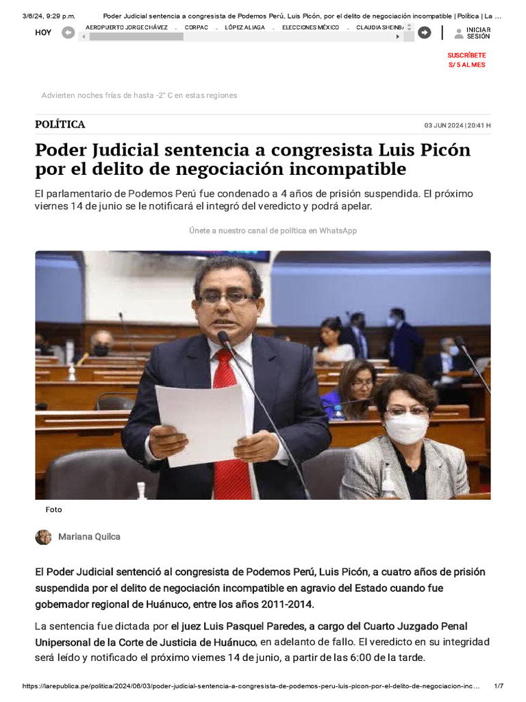 Poder Judicial Sentencia A Congresista de Podemos Perú, Luis Picón, Por El Delito de Negociación ...