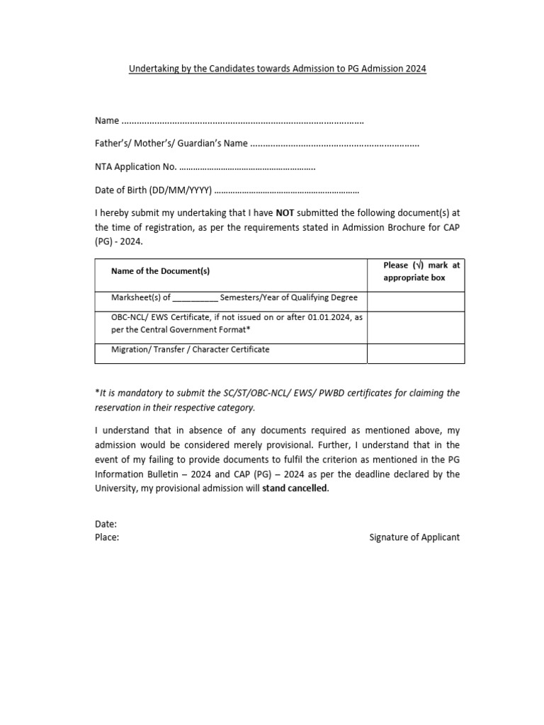 Undertaking Format PG 2024 (1) | PDF