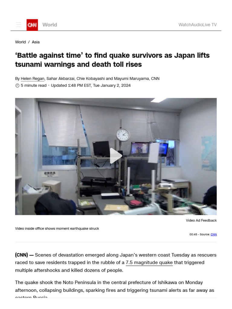 Japan Earthquake - Battle Against Time' To Find Survivors As Tsunami Warnings Lifted, Death Toll ...