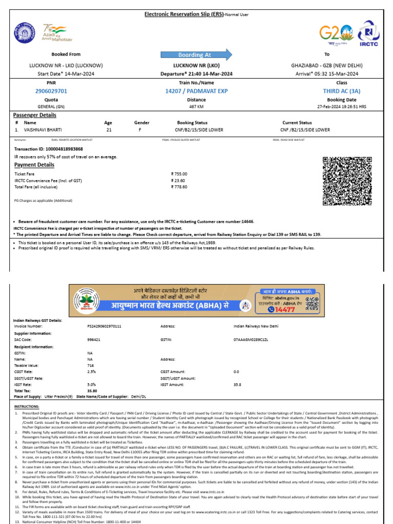 Padmavat Exp Third Ac (3A) : Electronic Reserva On Slip (ERS) | PDF ...