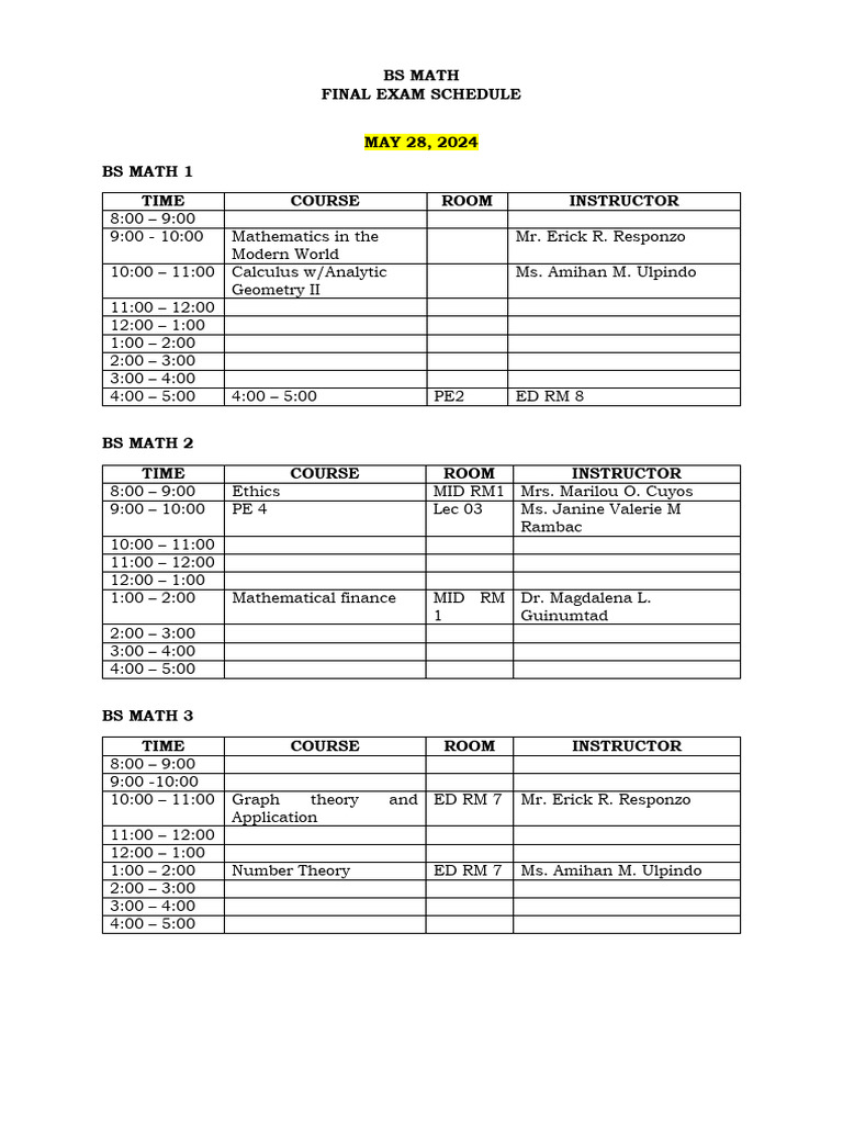 FINAL EXAM SCHED 2nd SEM 2023 | PDF | Mathematics | Applied Mathematics