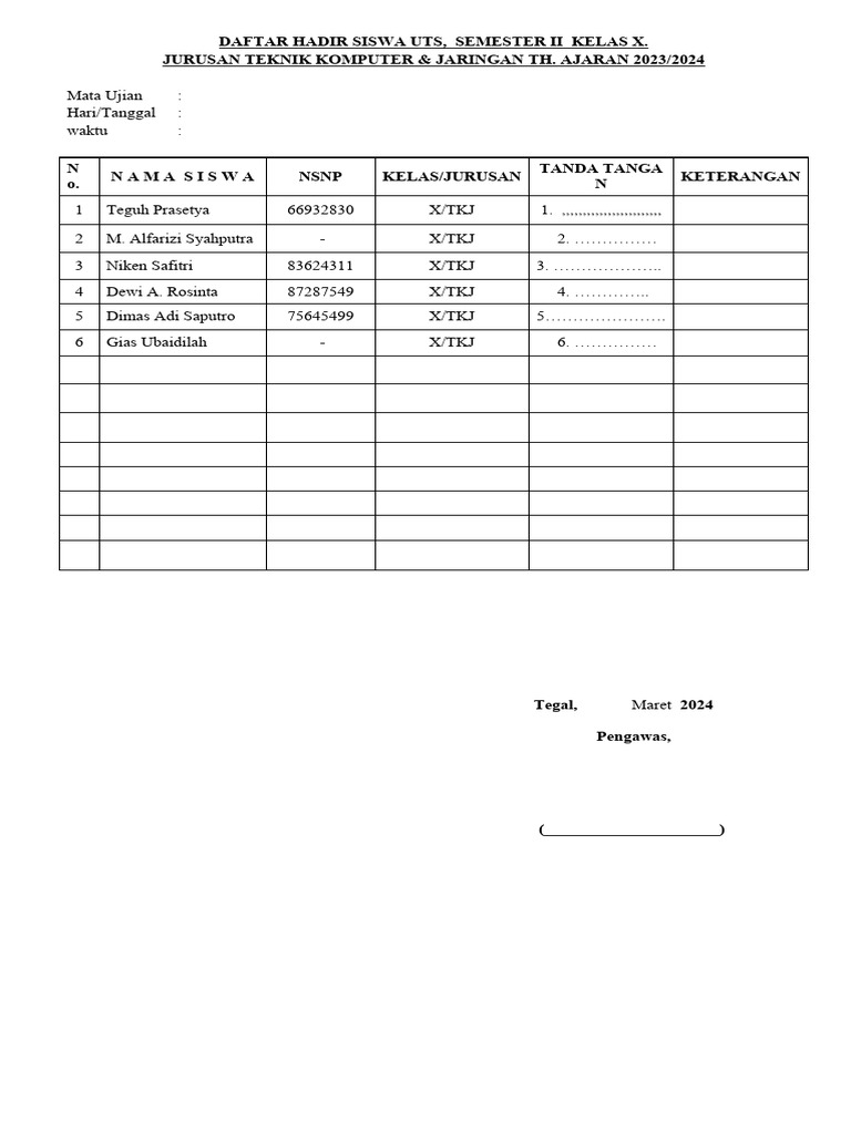 Daftar Hadir UTS SMK TKJ 2023/2024 | PDF