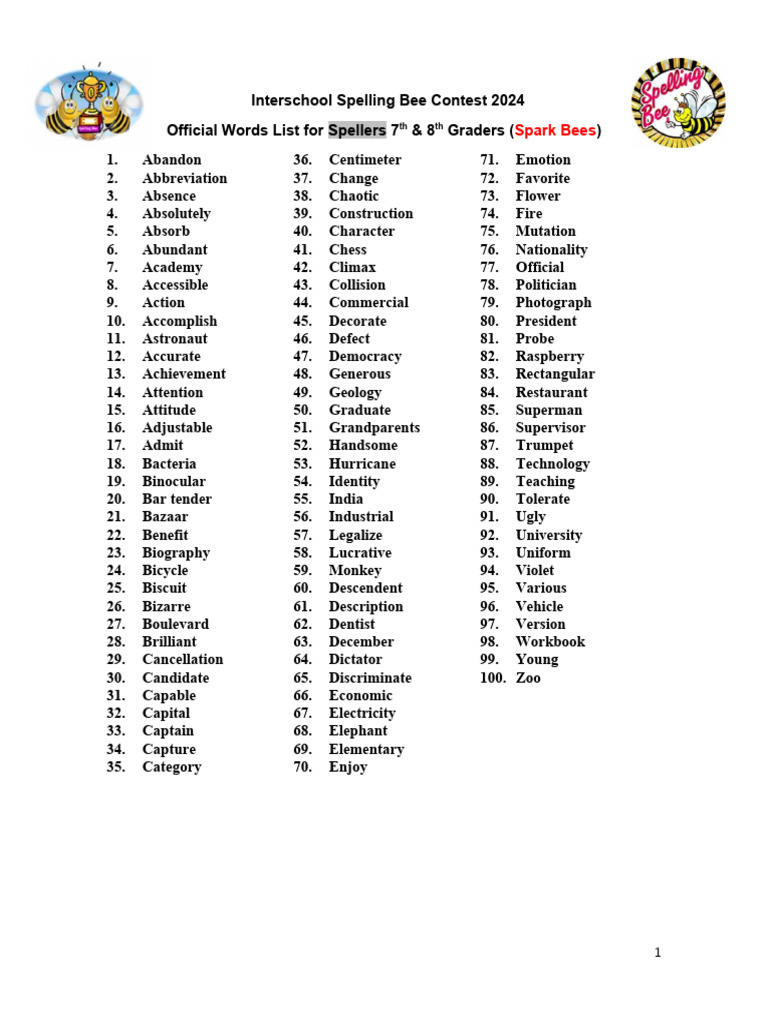 Official Lists For Spelling Bee Secundaria 2024 | PDF