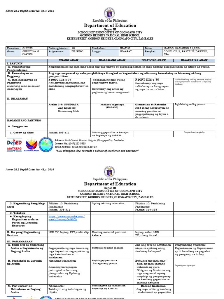G10 - DLL Week 5 3rd QUARTER - IN FILIPINO 10 Feb. 26 Mar.012024 | PDF