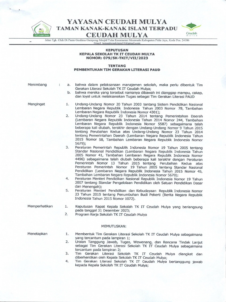 Suriani, S.pd. SK Pembentukan Tim Gerakan Literasi Paud 2023 - 0001 | PDF
