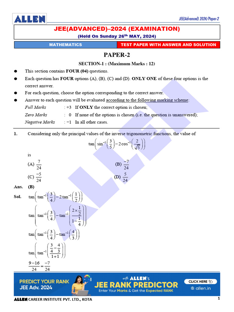 V1 JEE Advanced 2024 Mathematics With Solution Paper-2 | PDF | Numbers | Mathematical Objects