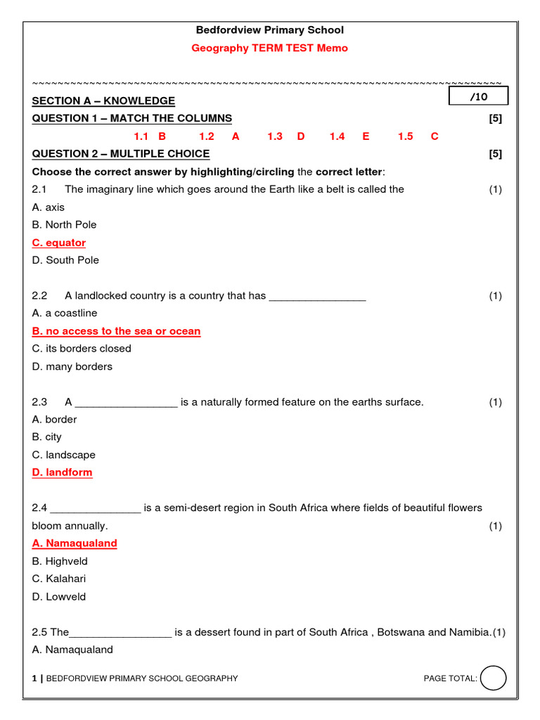 Bedfordview Primary Geography Test Memo | PDF | Natural Environment | Flood