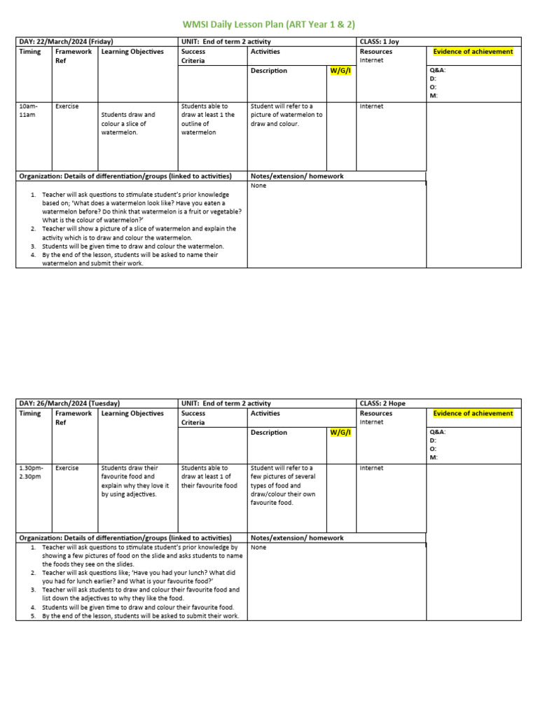 ART Year 1 & 2 | PDF | Lesson Plan | Teachers