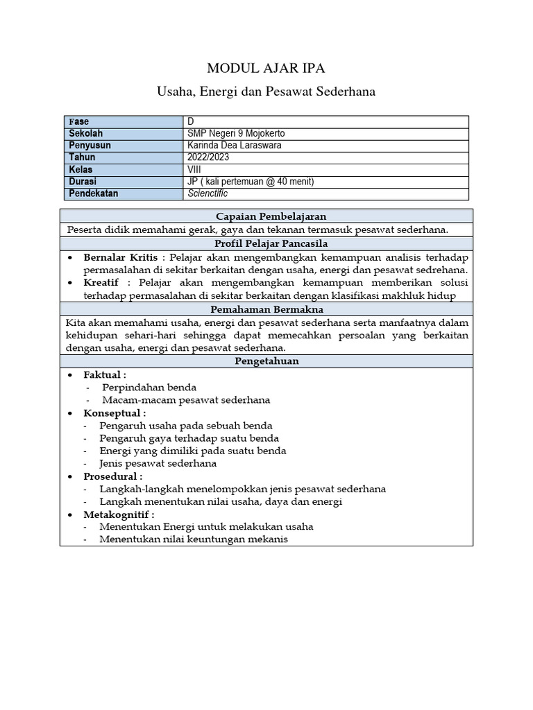 MA Usaha, Energi Dan Pesawat Sederhana | PDF