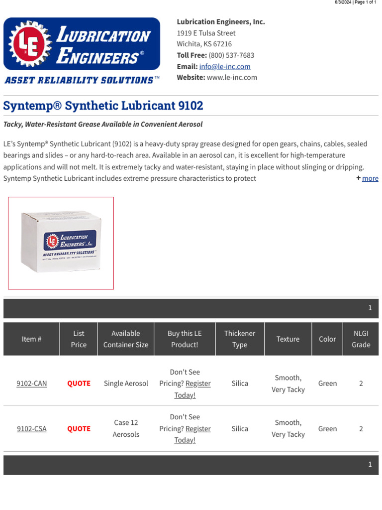 Syntemp®Synthetic Lubricant 9102 | PDF | Oils | Mechanical Engineering