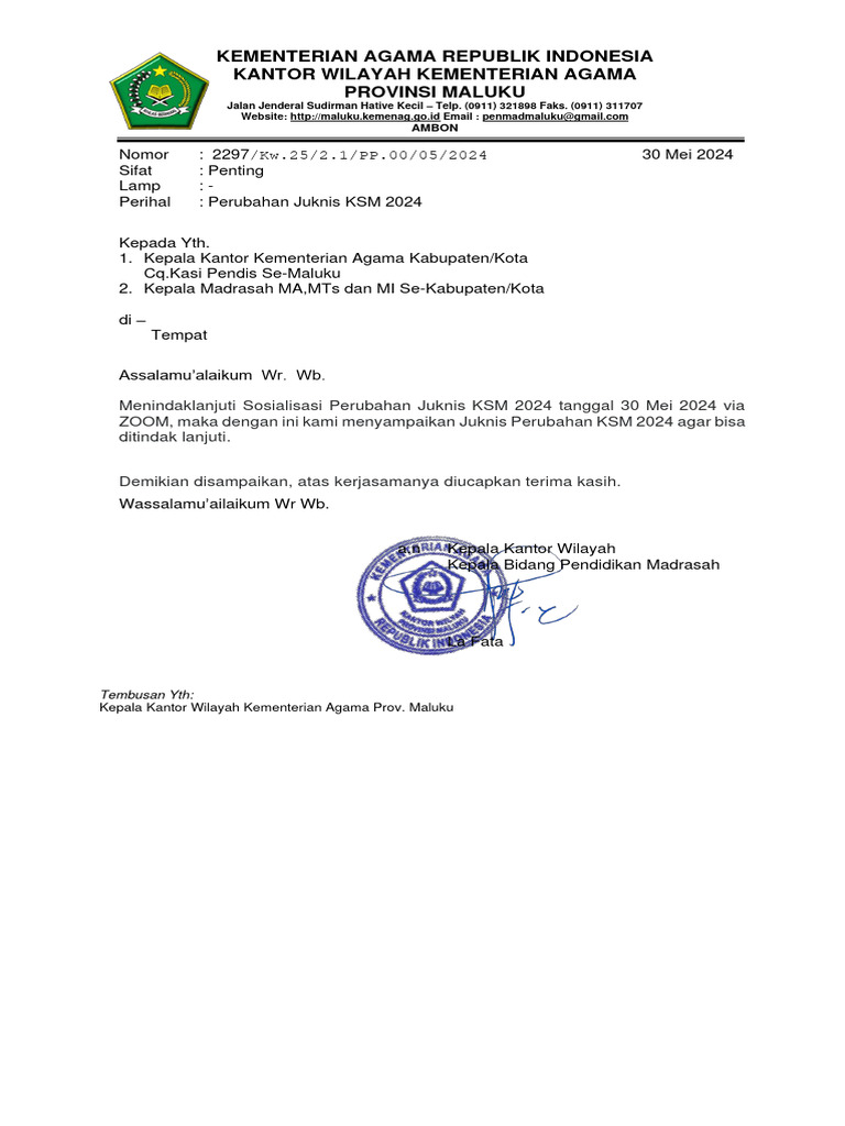 Surat Perubahan Juknis KSM Terbaru 2024 Ok | PDF