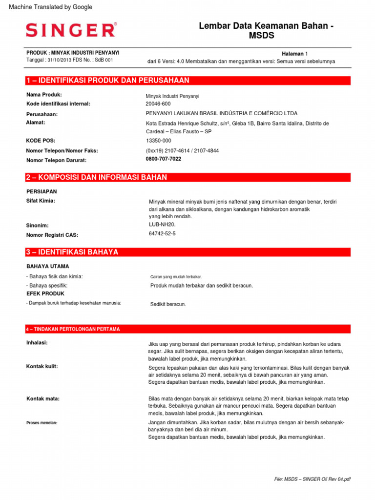 Msds Singer Oil IND | PDF
