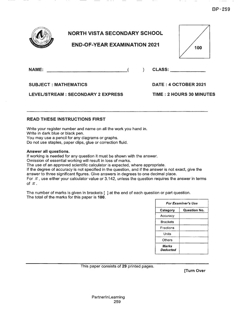 Math - Sec 2 - SA 2 - 2021 - North Vista Sec | PDF | Mathematics | Area