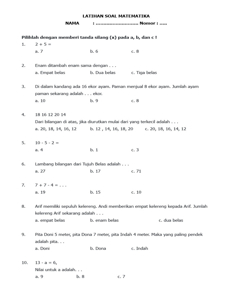 LATIHAN SOAL MATEMATIKA BAB 4 KELAS 1 SD | PDF