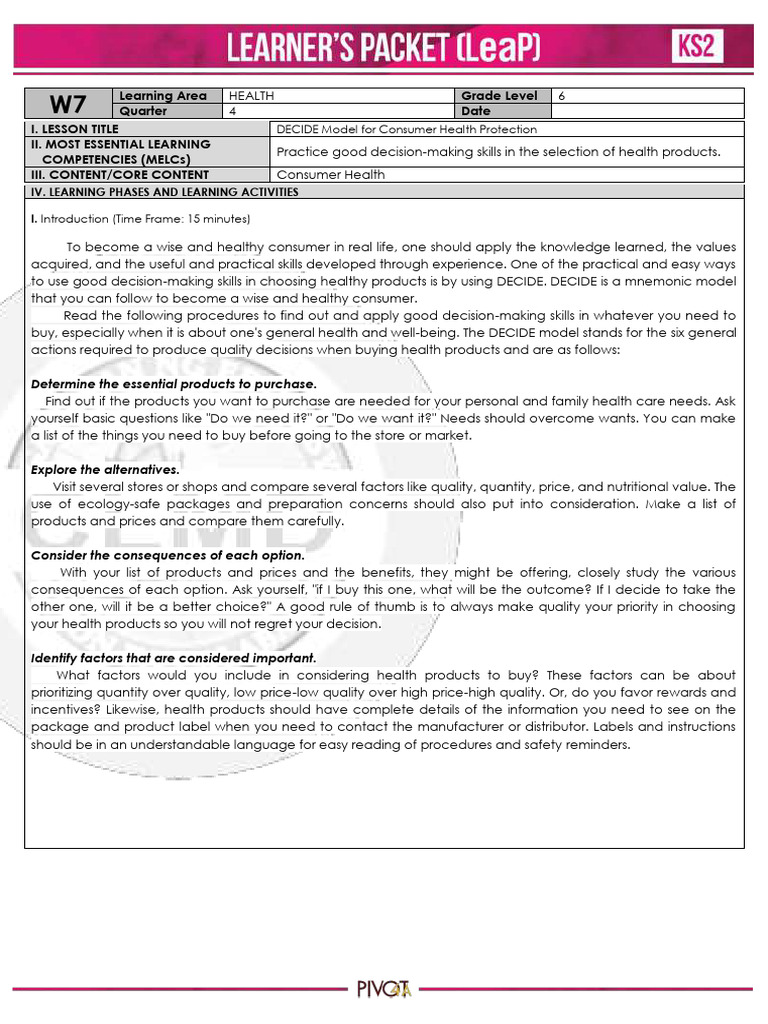 Q4 Health 6 Week7 | PDF | Decision Making | Choice