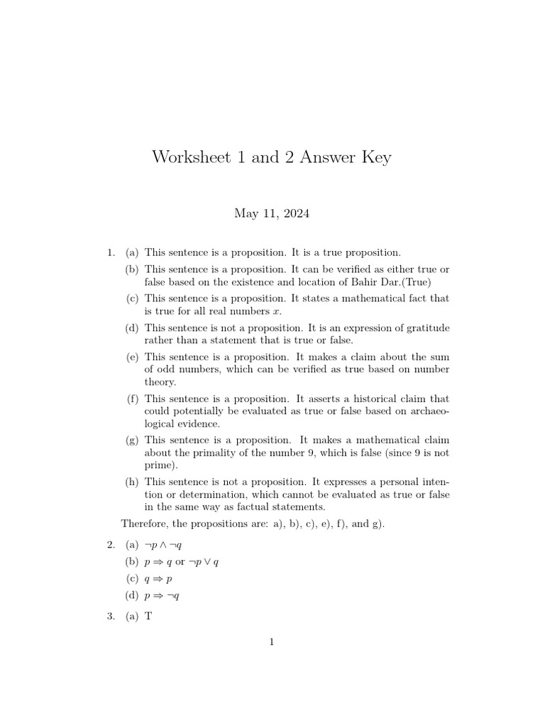 AnswerKey Worksheet 1 | Download Free PDF | Proposition | Epistemology