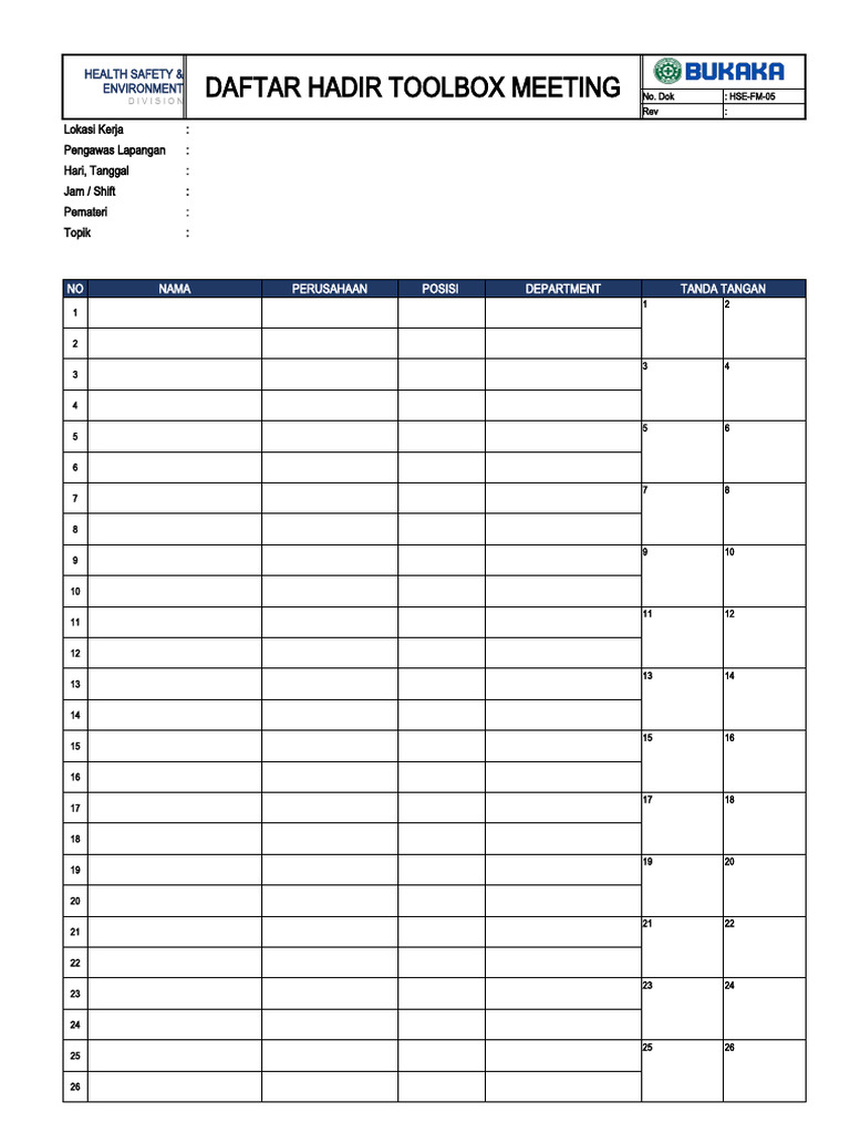HSE-FM-05 Daftar Hadir Tool Box Meeting | PDF