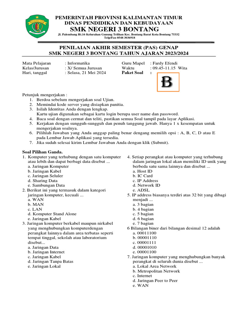 Soal PAS Genap 2024 Informatika Paket B | PDF