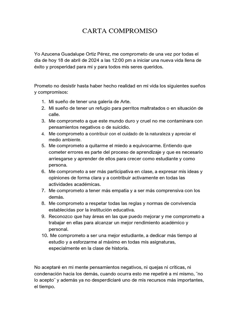 Carta de Compromiso Personal y Éxito | PDF