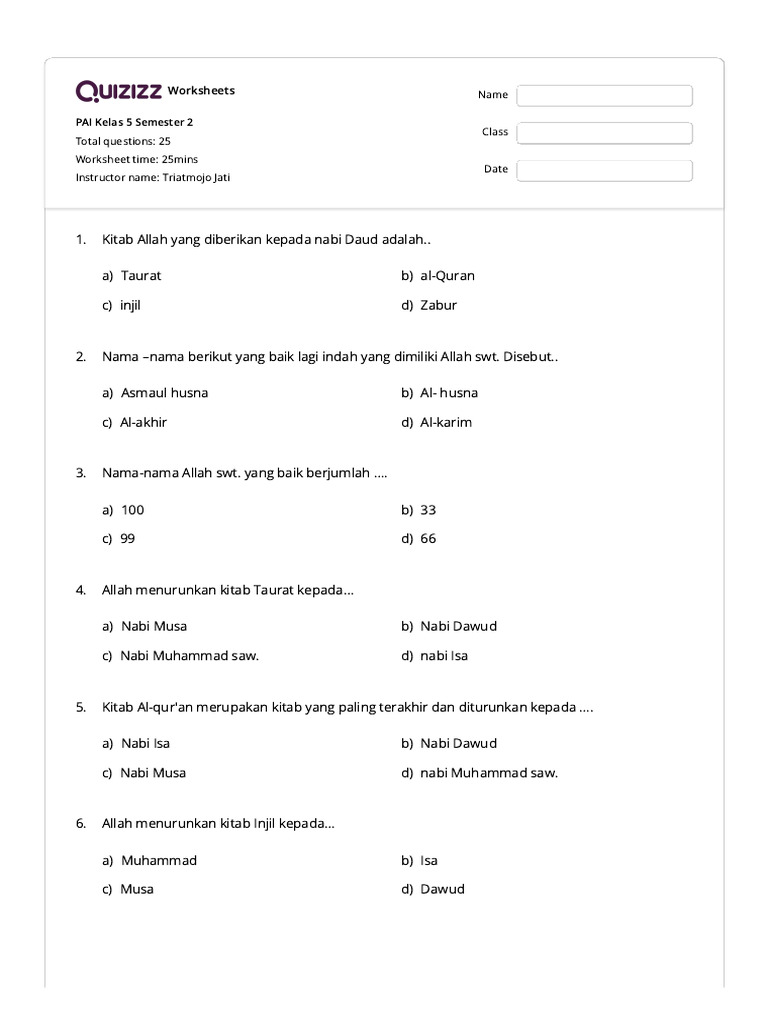 PAI Kelas 5 Semester 2 - Quizizz | PDF