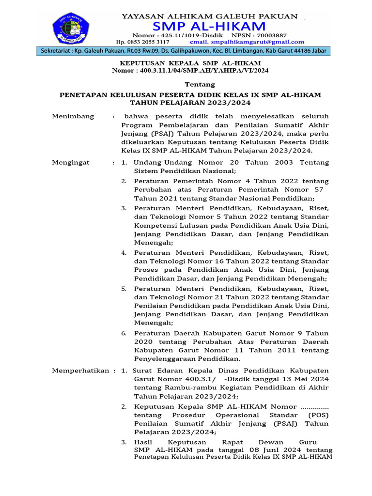 Contoh SK Kepala SMP Tentang Penetapan Kelulusan | PDF