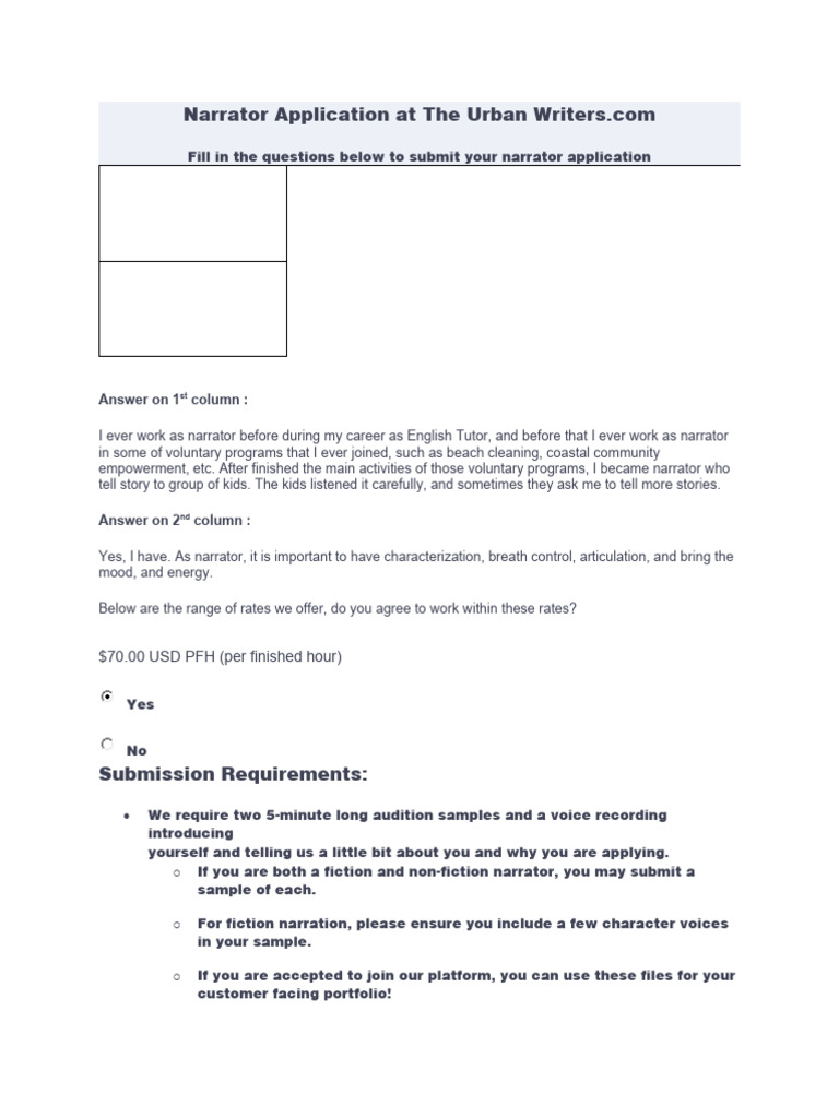 Narrator Application at The Urban Writers | PDF | Career & Growth