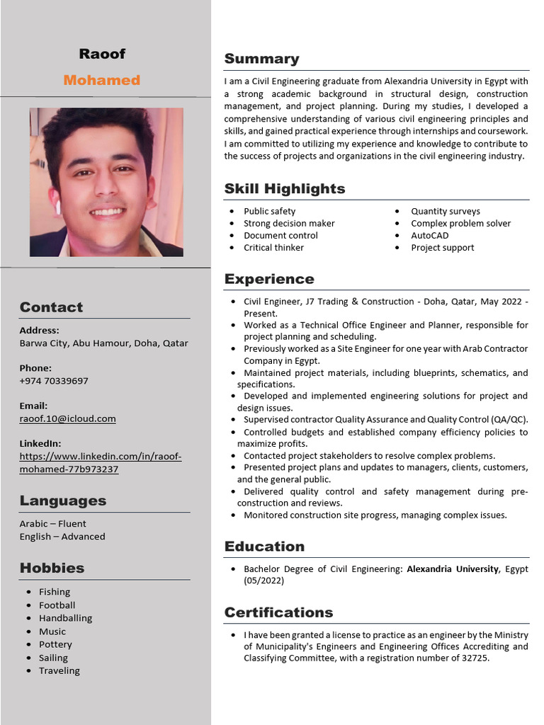 Raoof CV 2023 | PDF | Engineer | Civil Engineering