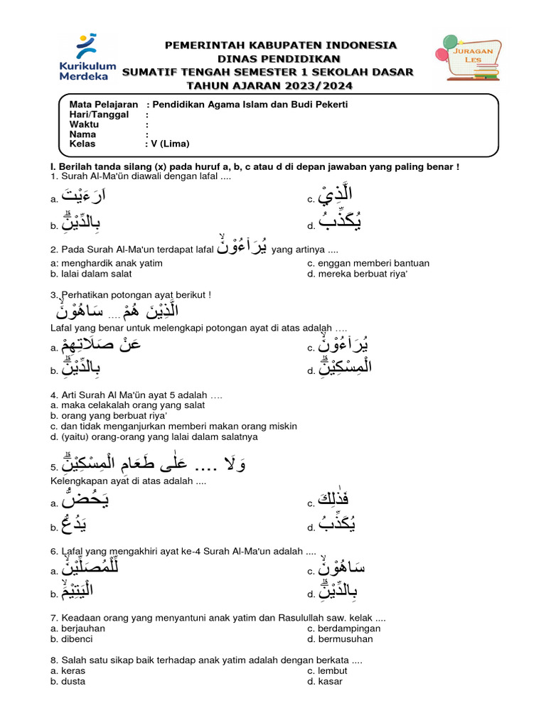 Soal PAI Kelas 5 Semester 1 Kurikulum Merdeka | PDF