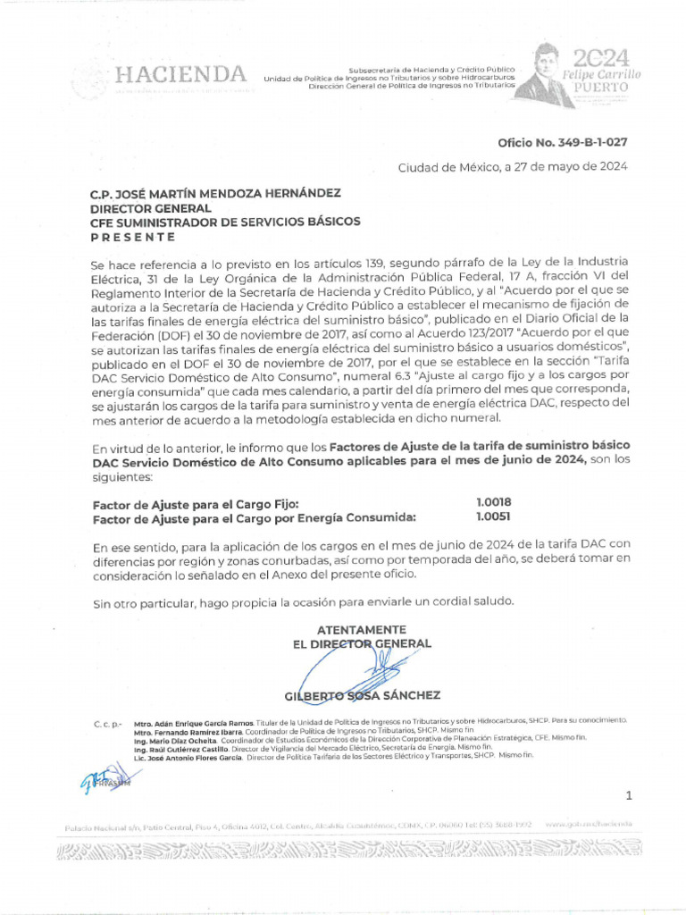 Oficio-SHCP-349-B-1-027-Tarifa-DAC-junio-2024 | PDF