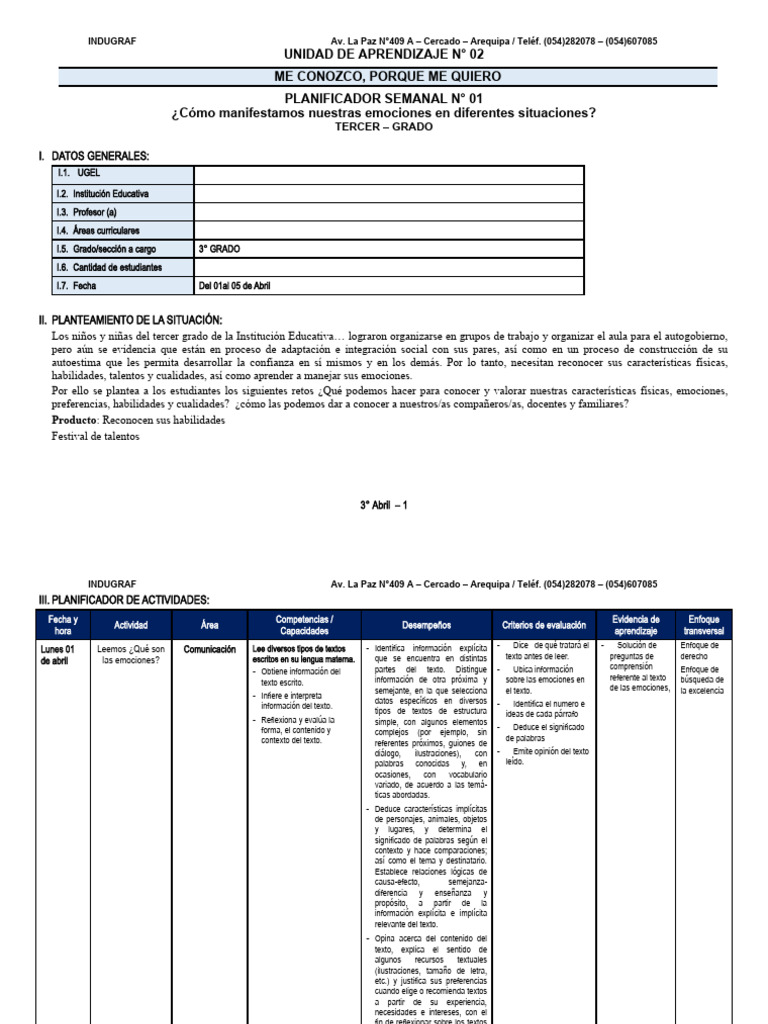 3° Grado - Planificador Semanal Del 01 Al 05 de Abril | PDF | Las ...