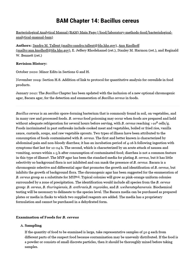 BAM Chapter 14 - Bacillus Cereus - FDA | PDF | Growth Medium | Agar