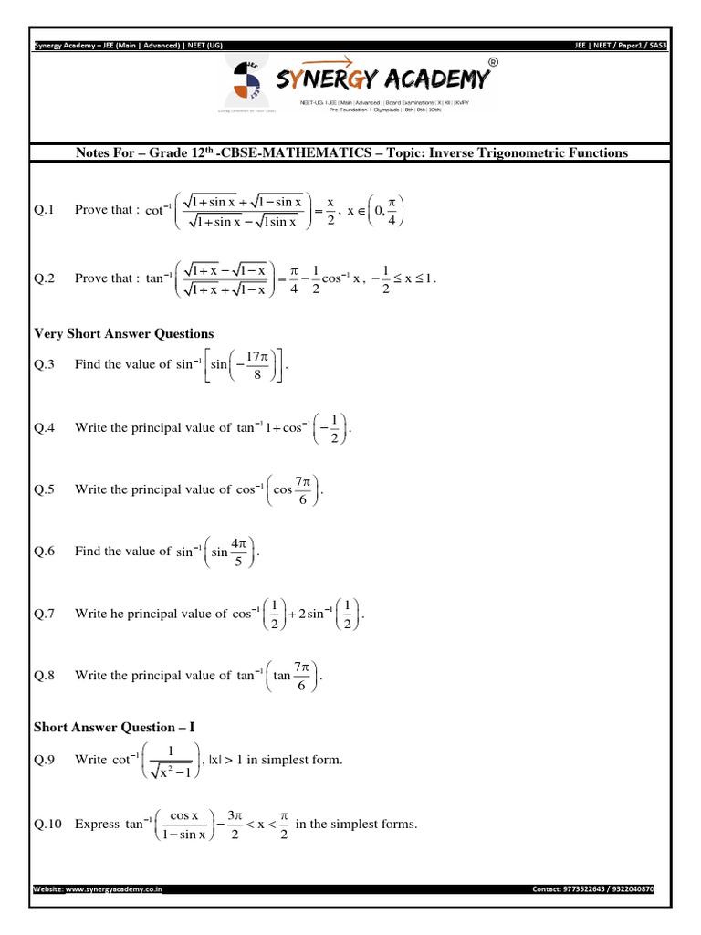 Note For - Grade 12th - CBSE-MATHEMATICS - Topic - Inverse ...