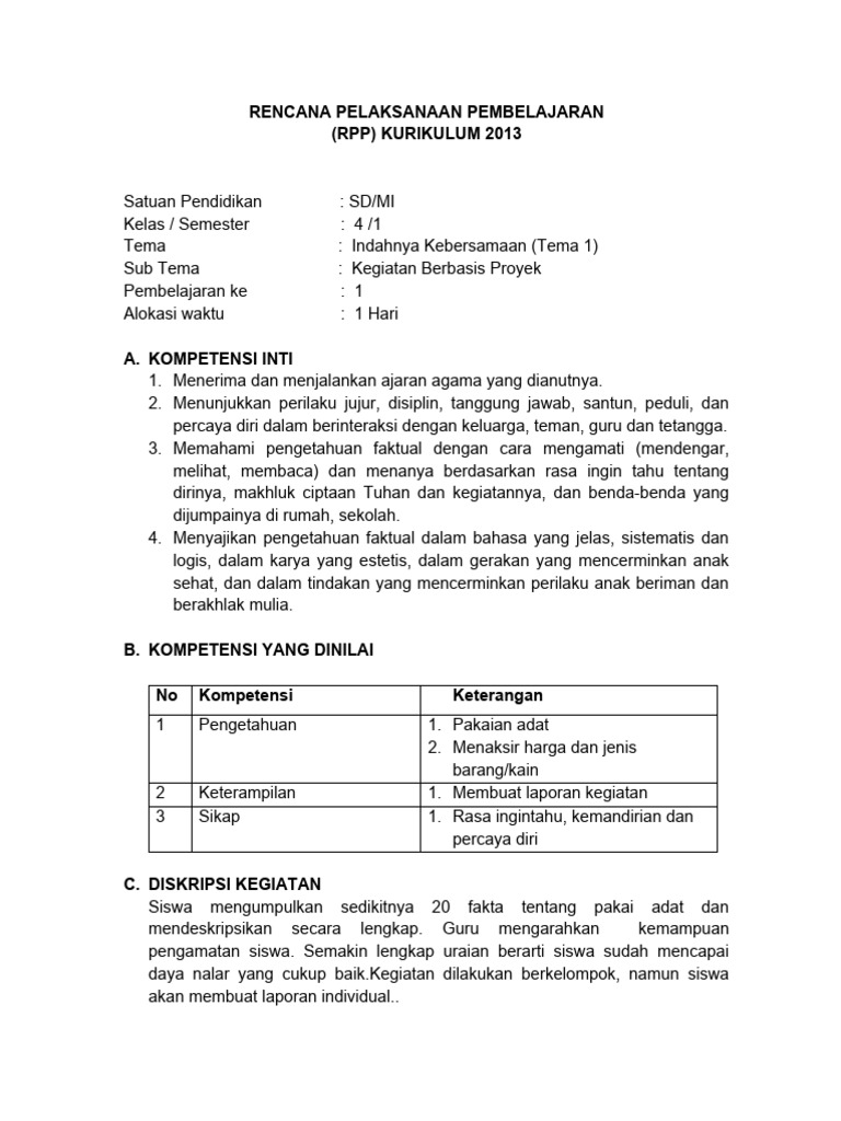 RPP Kelas 4 Tema 1 Sub Tema 1 Kegiatan Berbasis Projek | PDF | Karier & Perkembangan | Kesehatan ...