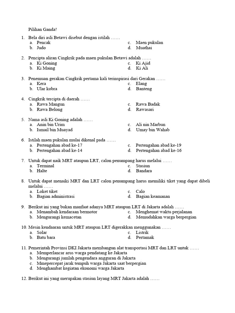 Soal Pilihan Ganda tentang Budaya Betawi dan Transportasi Jakarta | PDF ...
