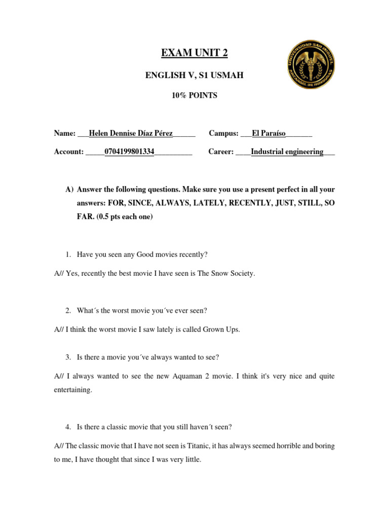 English Exam Unit 2: Present Perfect & Future | PDF | Games ...