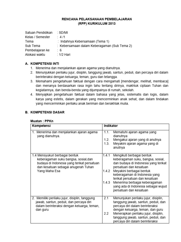 RPP Kelas 4 Tema 1 Subtema 2 Pembelajaran Ke 6 Keberagaman Budaya Bangsaku | PDF | Seni ...