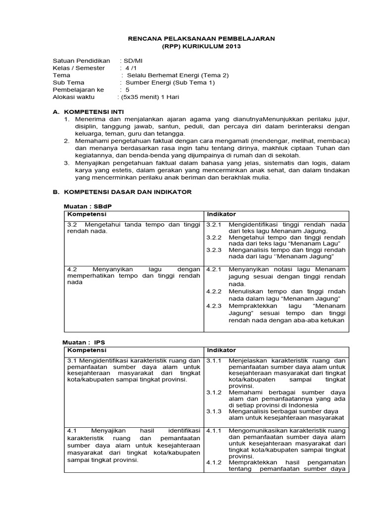 RPP Kelas 4 Tema 2 Sub Tema 1pembelajaran Ke 5 Sumber Energi | PDF