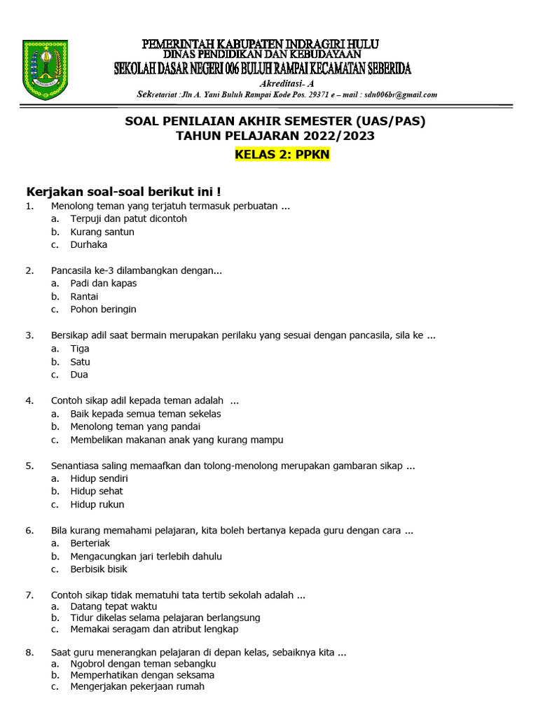 Soal PAS Kelas 2 PPKN | PDF