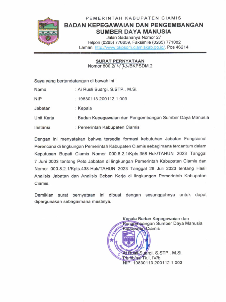 Peta Jabatan Pemkab Ciamis 2023 | PDF
