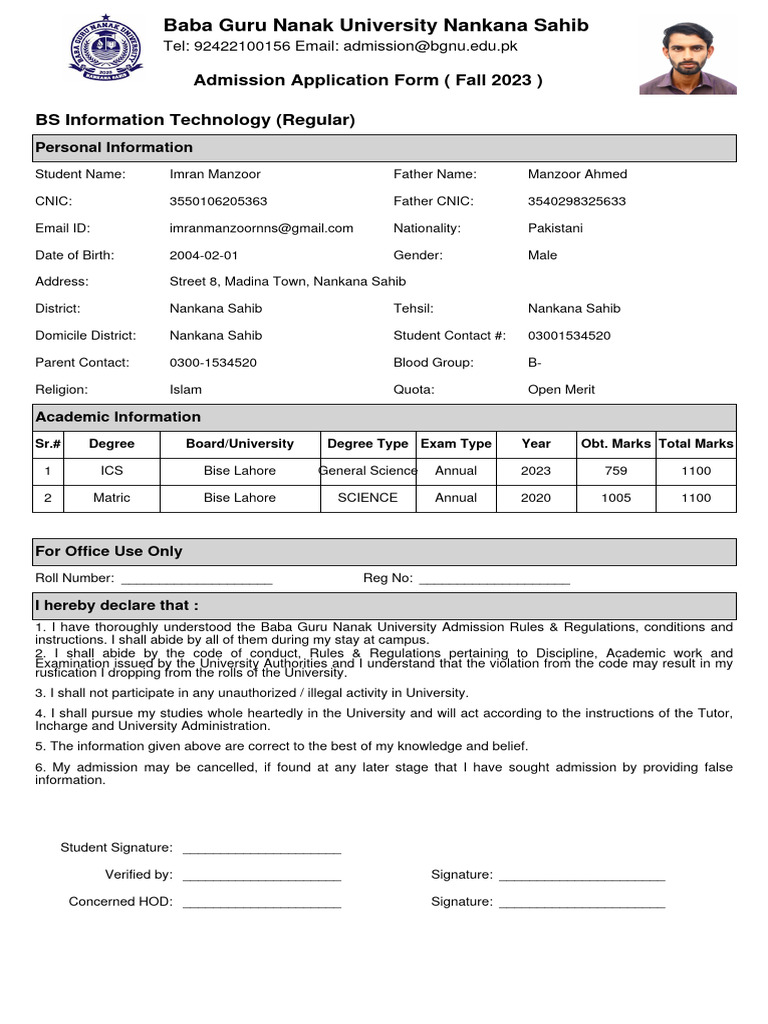 Baba Guru Nanak University Nankana Sahib: Admission Application Form ...