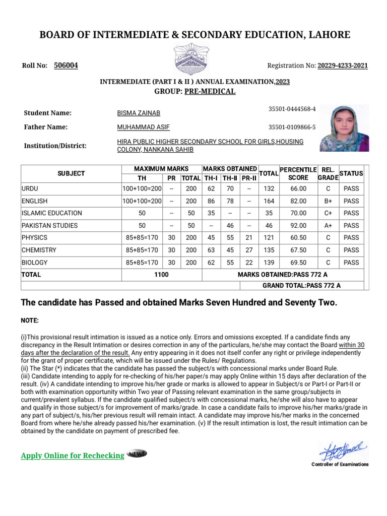 Board of Intermediate & Secondary Education, Lahore: Roll No: Intermediate (Part I & Ii) Annual ...