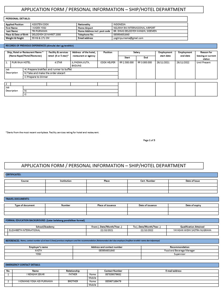 CV Application Form - I Kadek Yogi Tri Purnama 2 | PDF