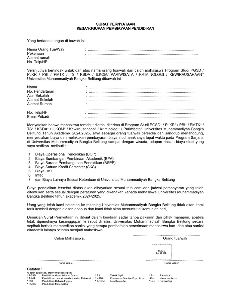 Surat Pernyataan Biaya Kuliah UMBB | PDF