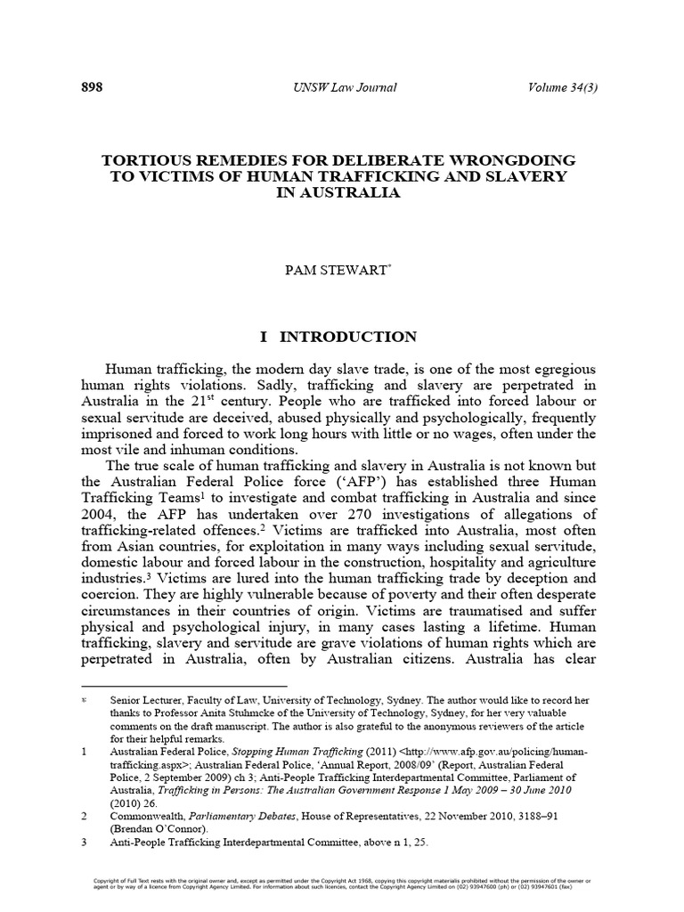 Tortious Remedies For Deliberate Wrongdo | PDF | Tort | Human Trafficking