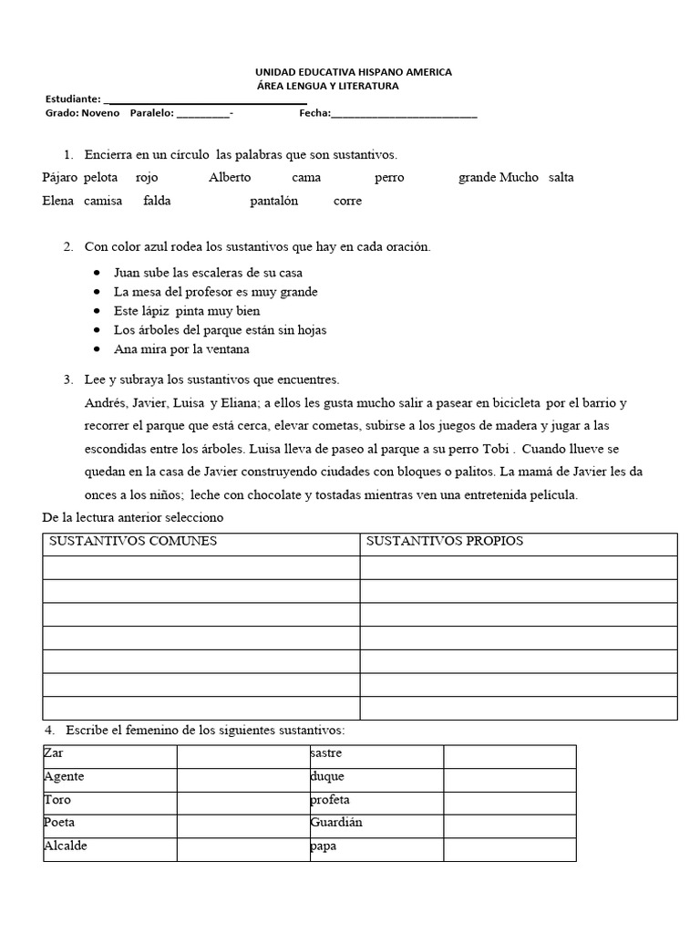 Ejercicios de Sustantivos para Estudiantes | PDF