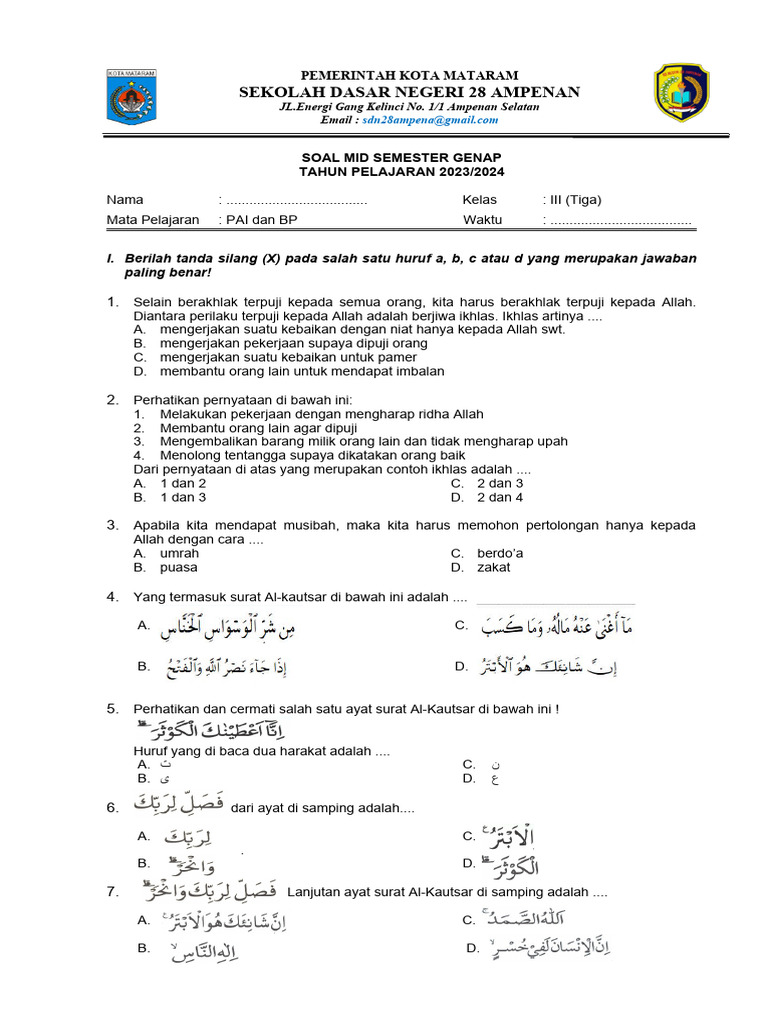 Soal Mid Kelas 3 Genap Agama | PDF