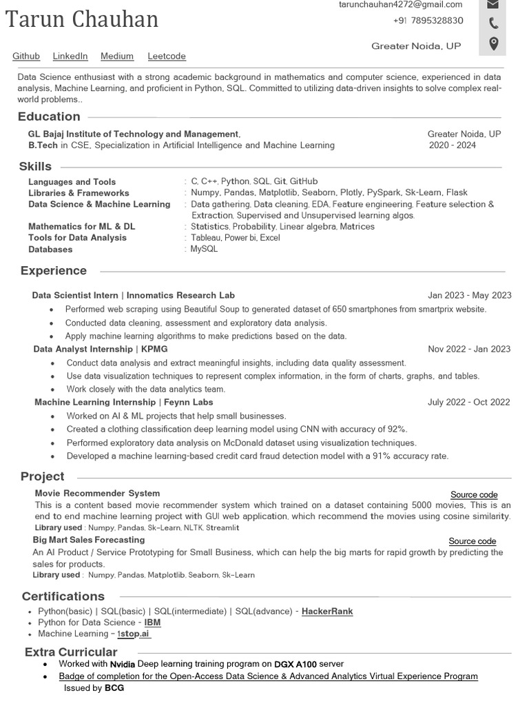 Tarun Ds Resume Pdf Machine Learning Data Science
