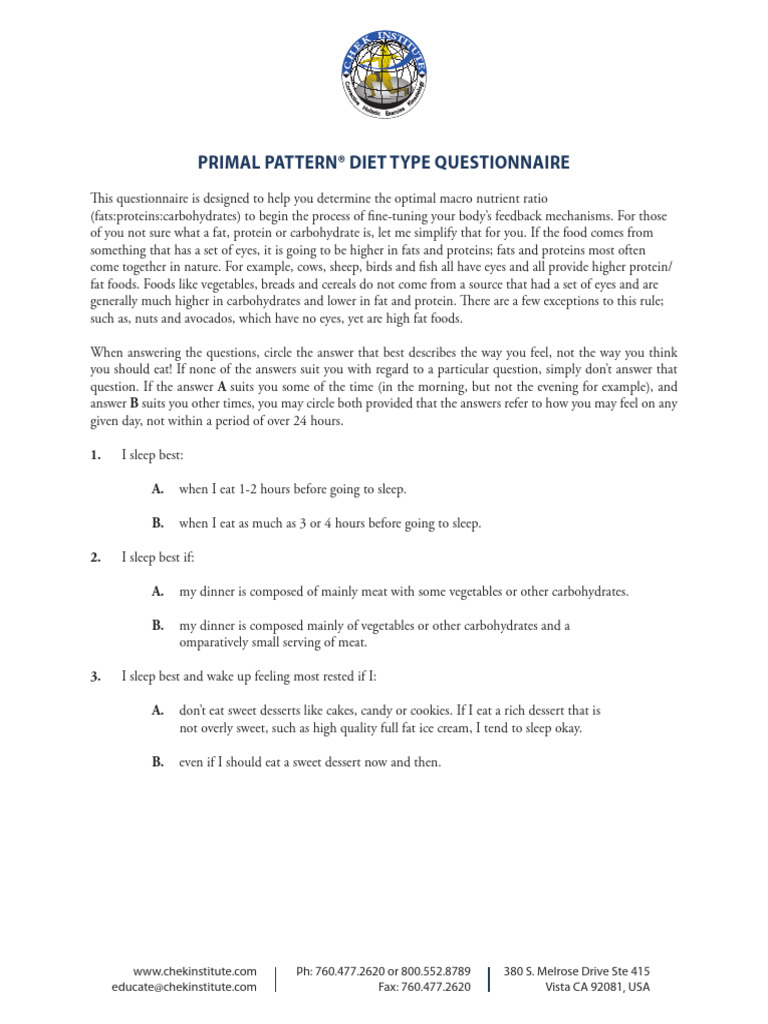HLC1 Primal Pattern Questionnaire | PDF | Fat | Foods